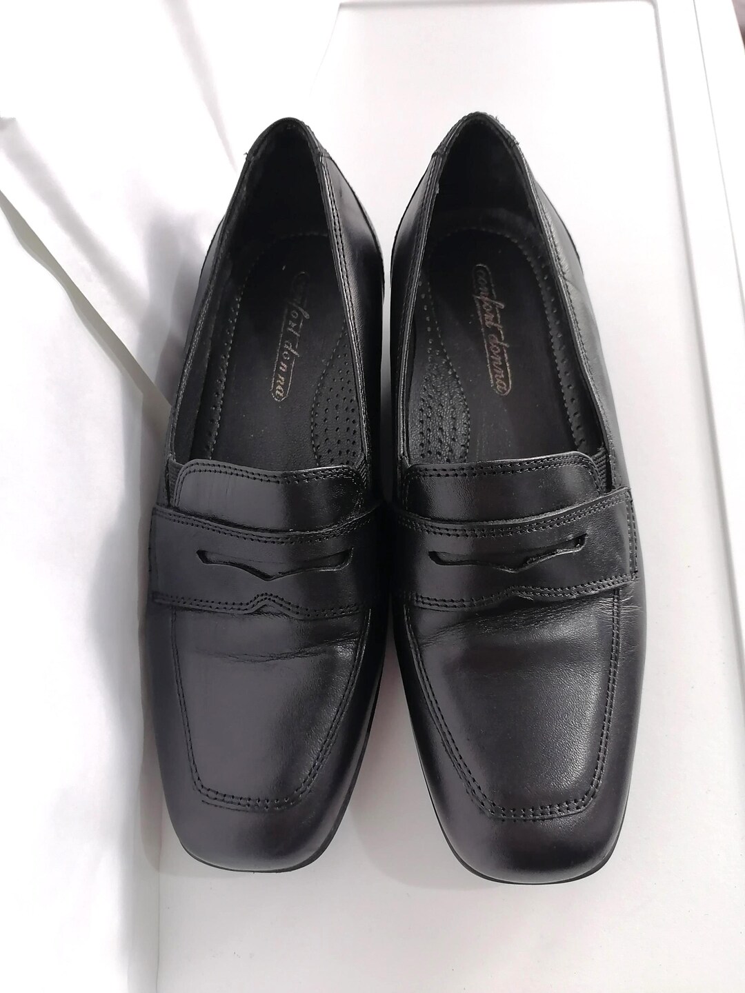 Vintage Italian Black Genuine Leather Loafers , Chunky Low Heel and ...
