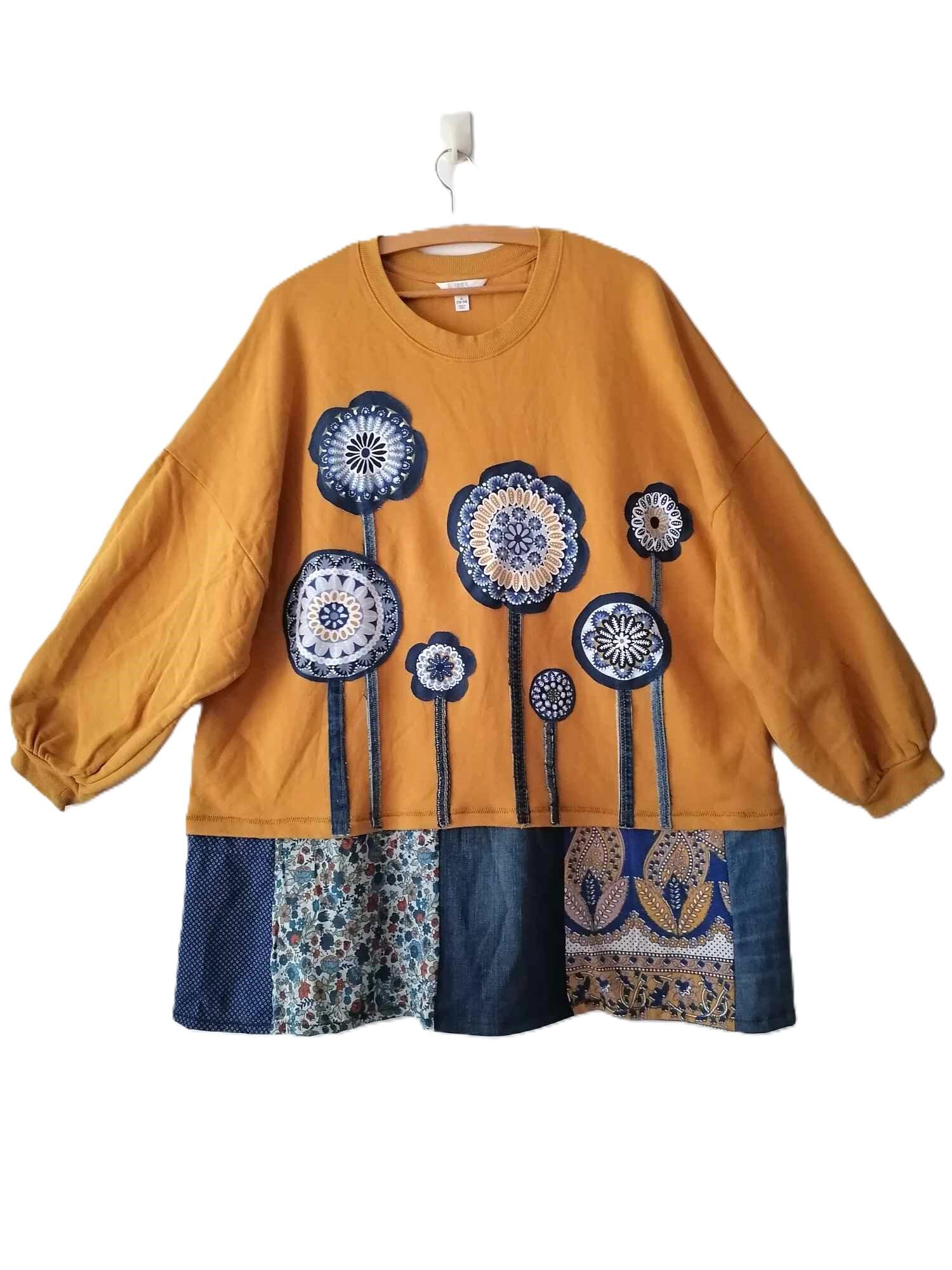 Boho Sweatshirt , Aplique Flowers Top , Funky Flannel Tunic Upcycled ...