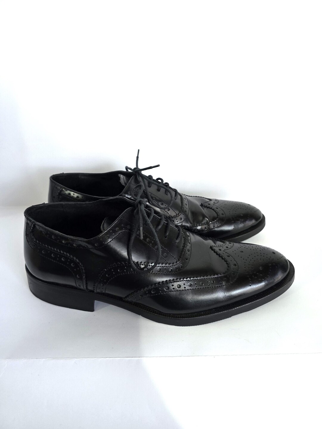 Vintage Italian Black Leather Wingtip Oxford Shoes 41 EU Brogue Plain ...