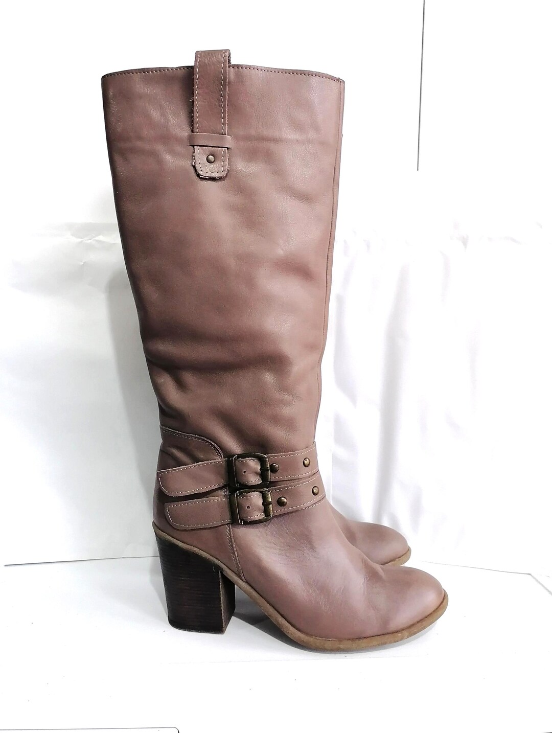 Vintage Brown Genuine Leather Boots - Chunky Heel Mid Calf Riding Boots ...