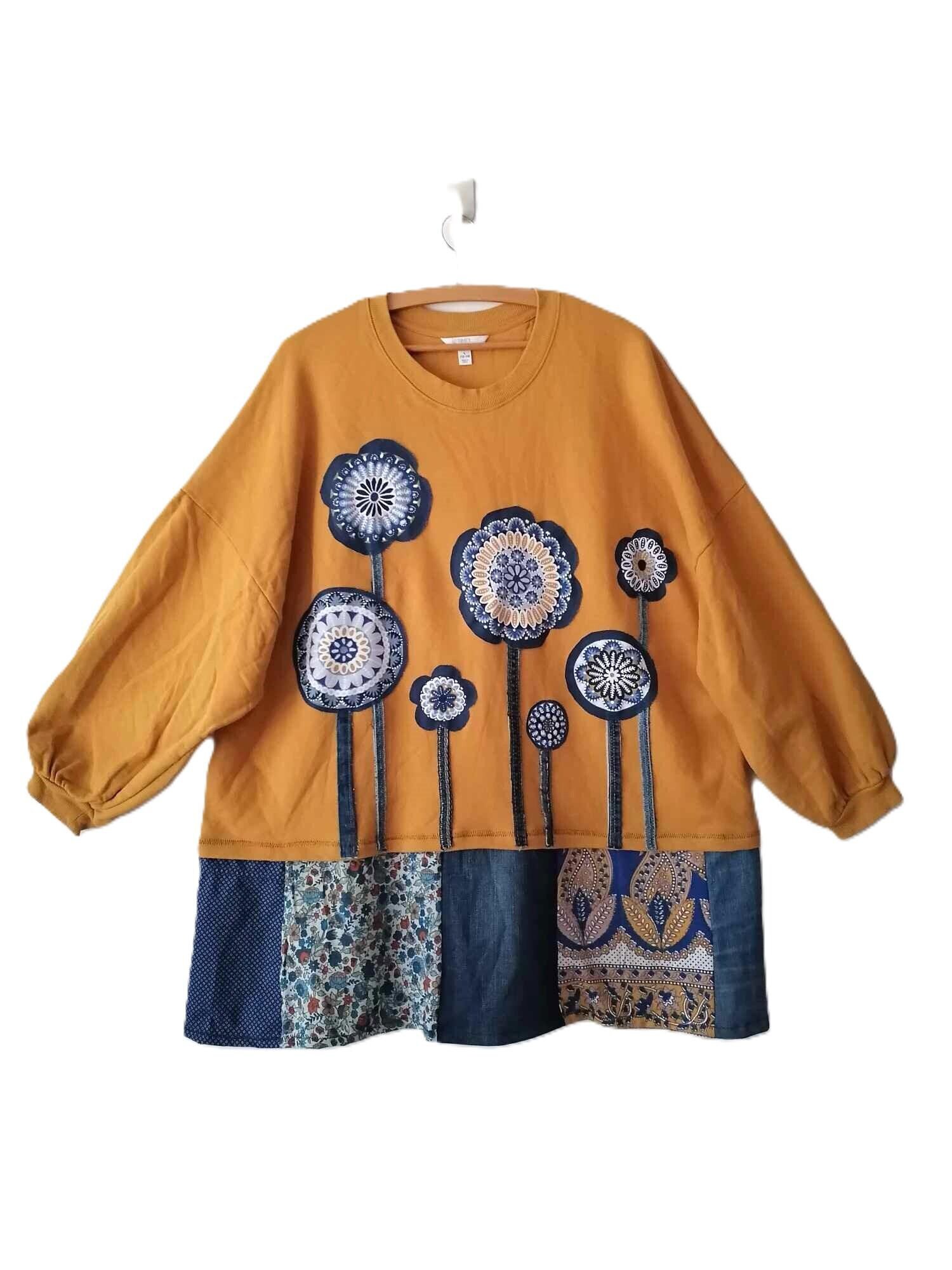 Boho Sweatshirt , Aplique Flowers Top , Funky Flannel Tunic Upcycled ...