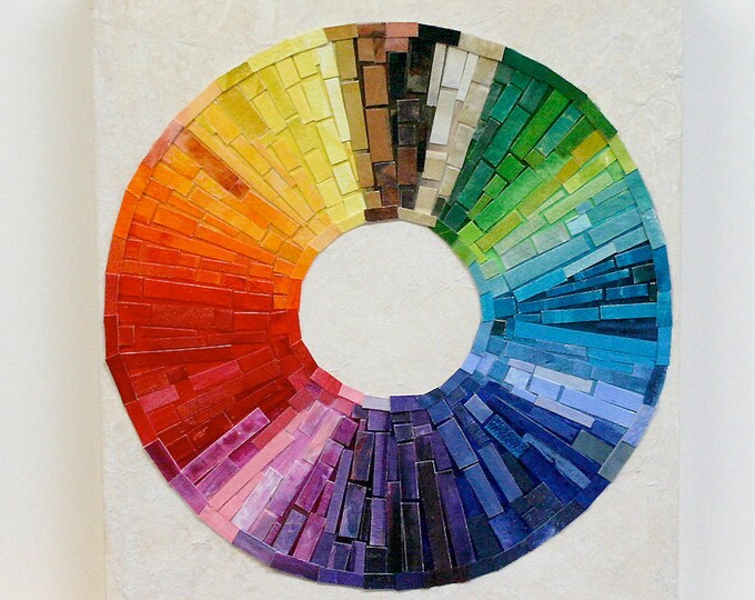 Rainbow Circle Collage Wood Block Art Multi Color Mixed Media Abstract ...