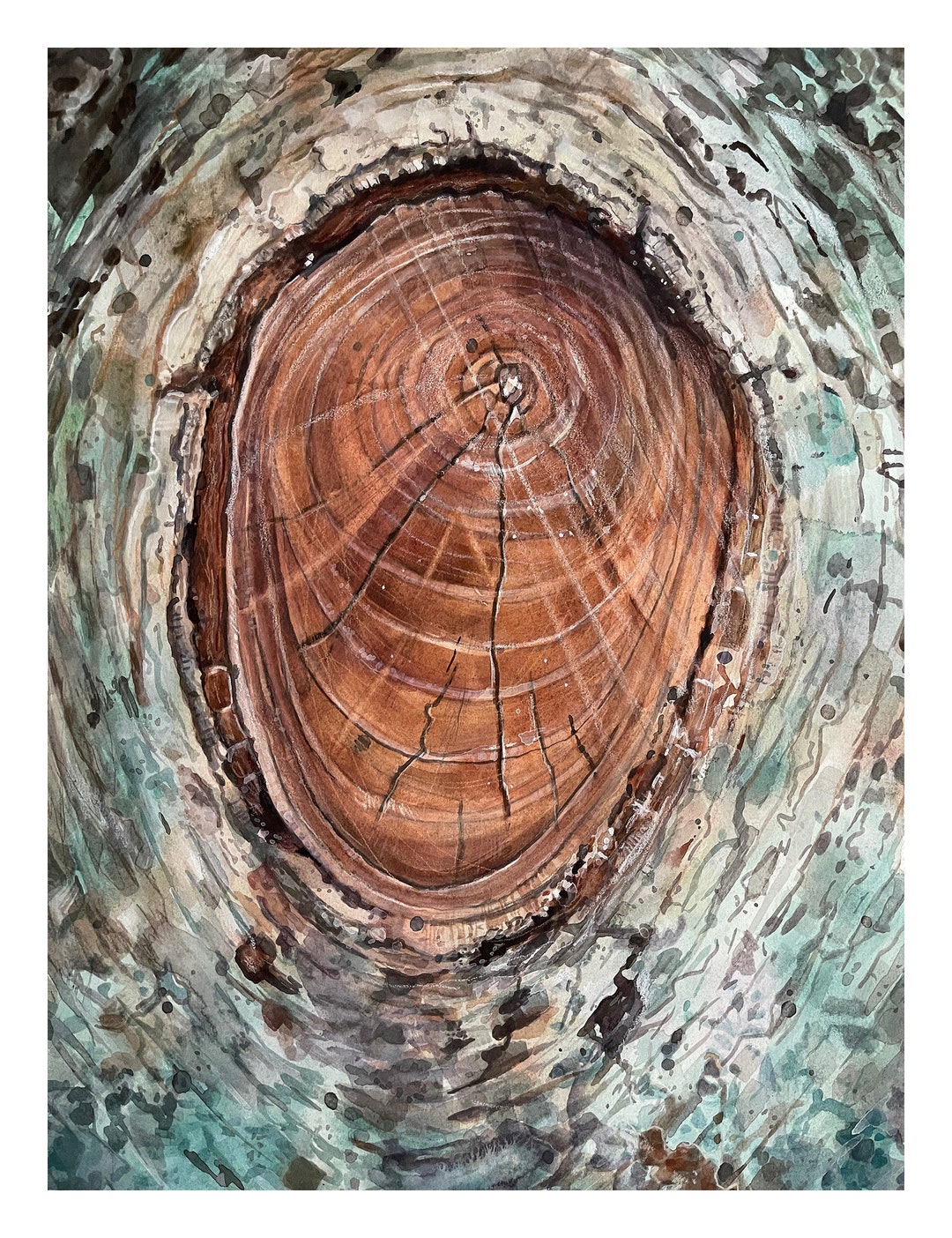Tree Ring Watercolor Painting 12x16 Hand Painted Locust Tree Trunk ...