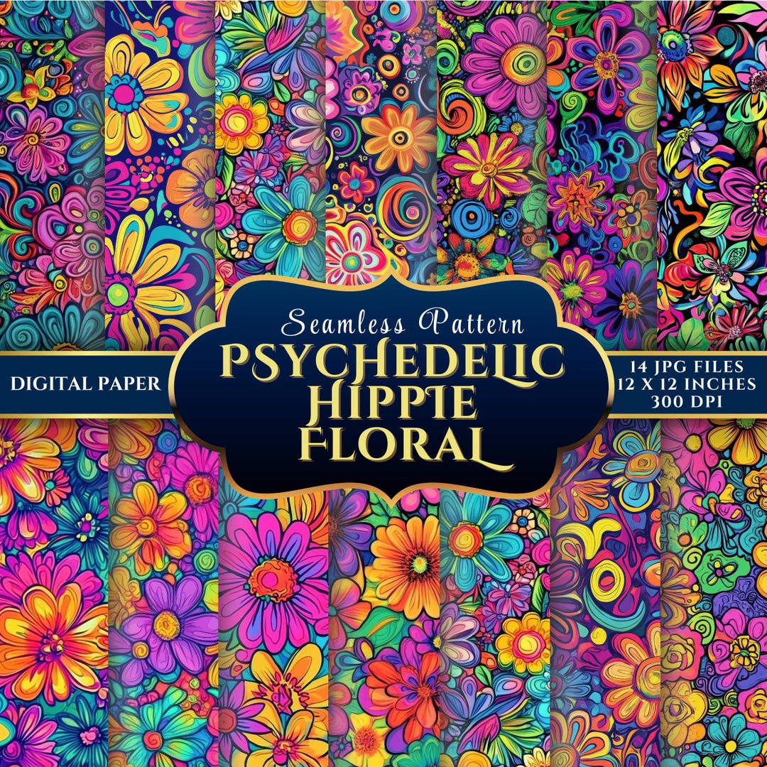 Seamless Psychedelic Hippie Floral Paper for Artists and Crafters ...