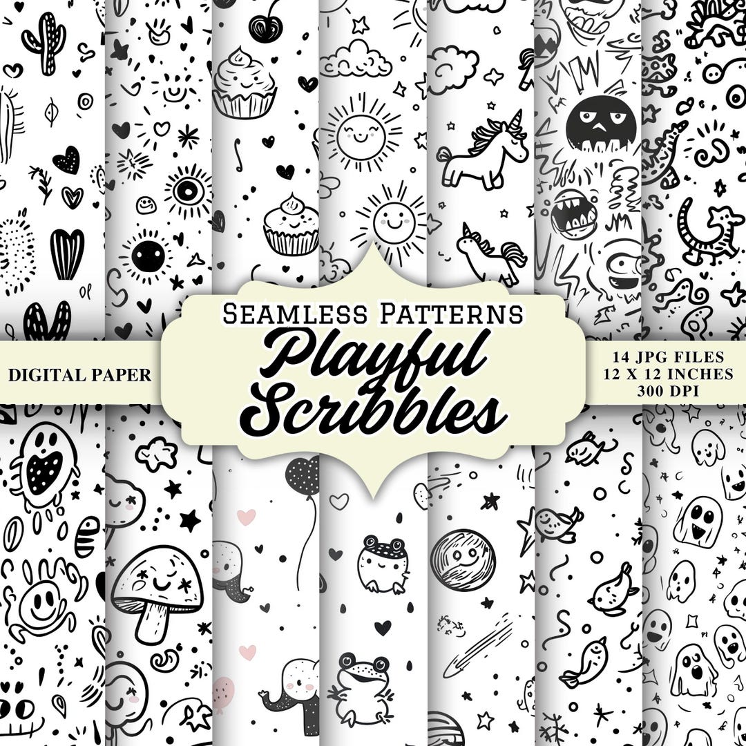 Black and White Doodle Digital Paper, Seamless Pattern, Hand Doodle ...