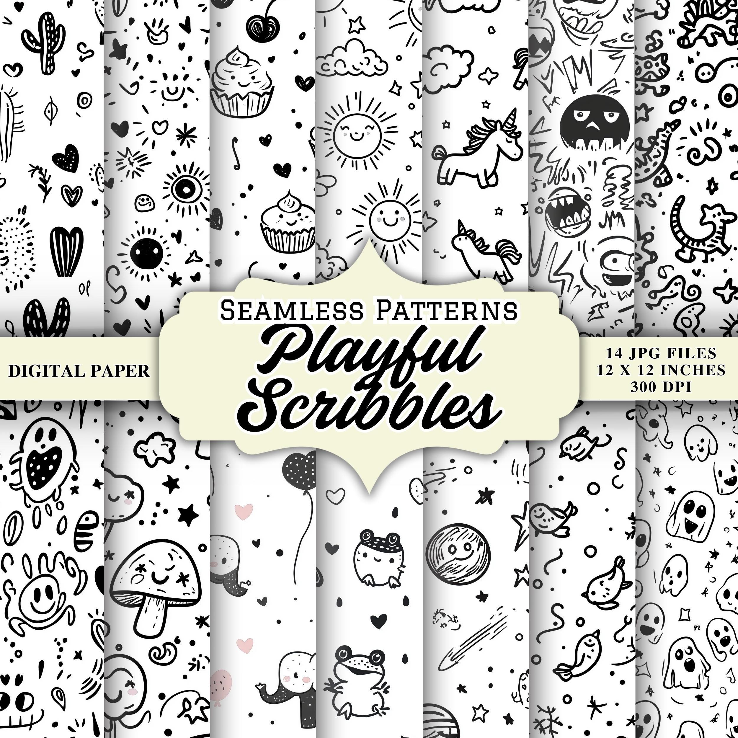 Black and White Doodle Digital Paper, Seamless Pattern, Hand Doodle ...