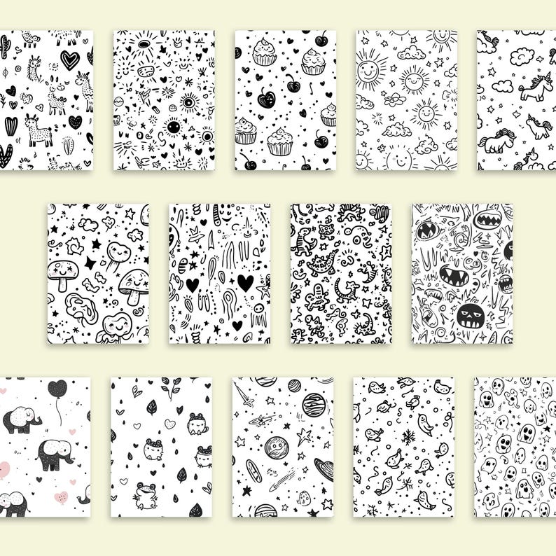 Black and White Doodle Digital Paper, Seamless Pattern, Hand Doodle ...