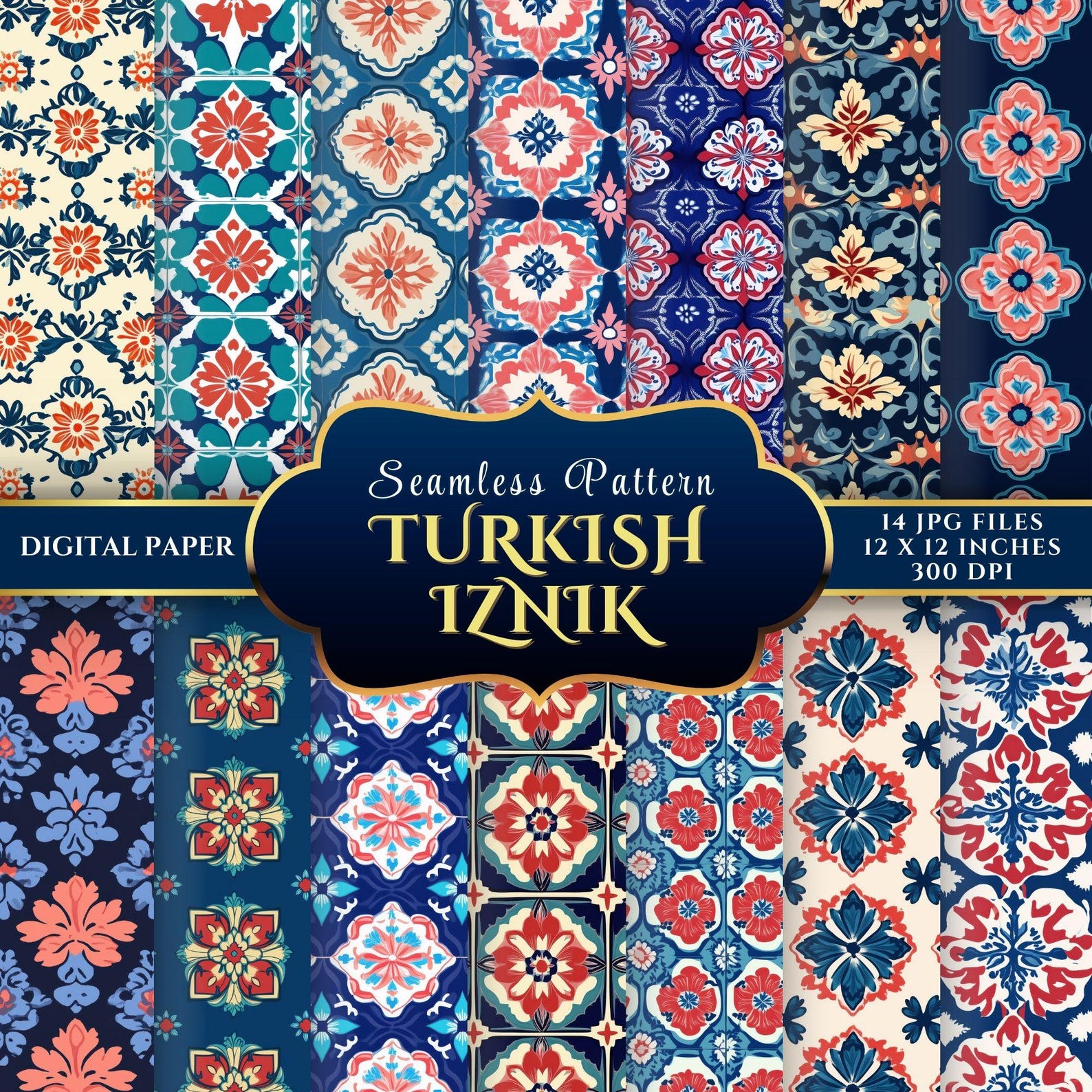 Turkish Iznik Seamless Digital Paper Set - 14 Vibrant Floral Tile ...