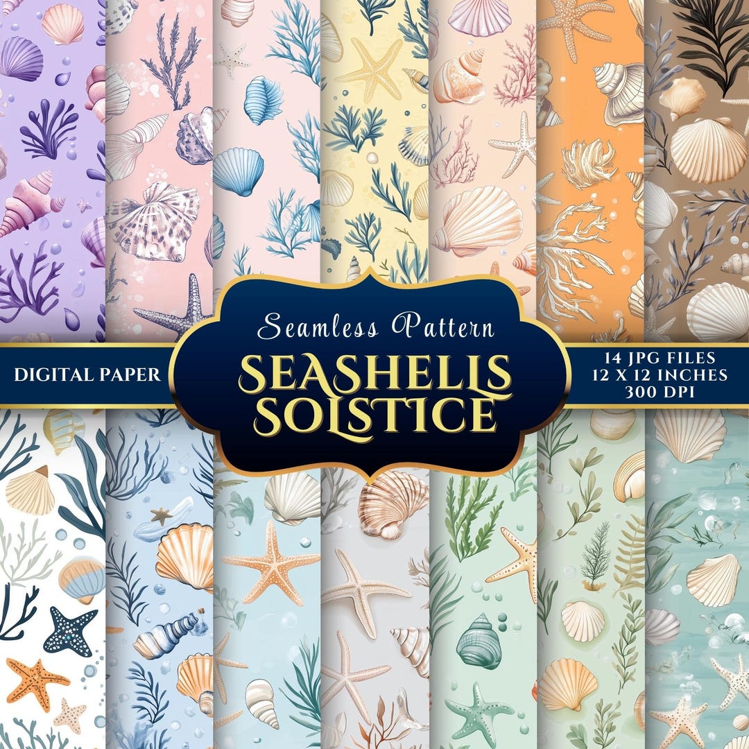 Seashells Solstice Coastal Beach Digital Paper Pack for Summer Crafting ...