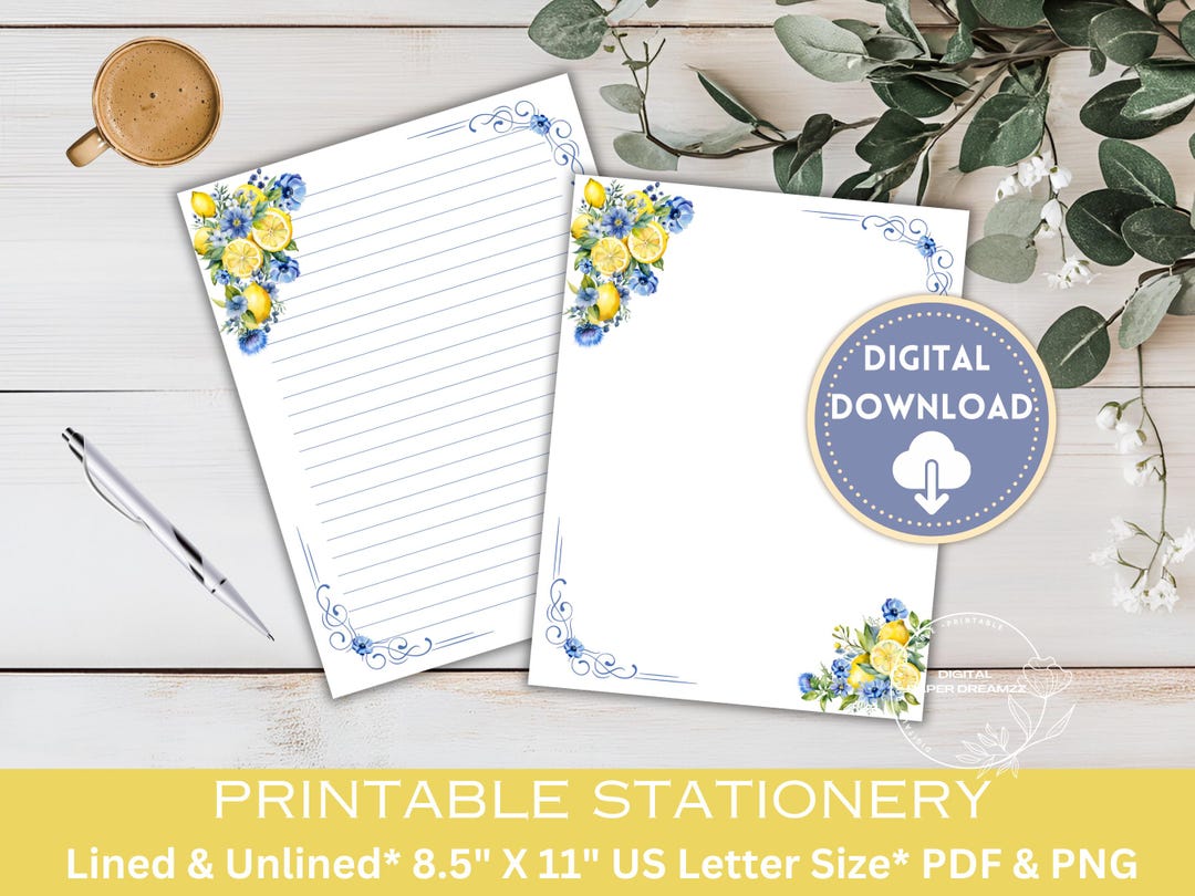 Lemon Printable Stationery | Lemon Blue Flowers Stationery | Citrus ...