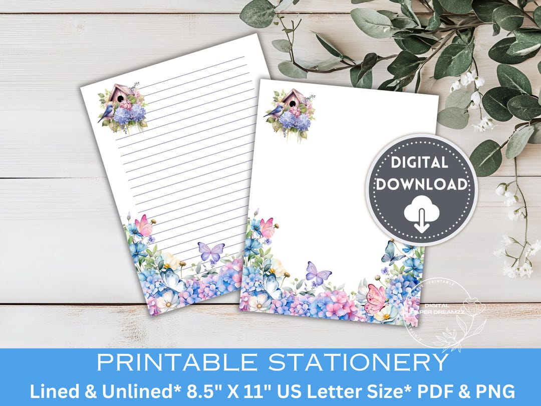 Hydrangea Printable Stationery | Birdhouse Stationery | Digital Paper ...