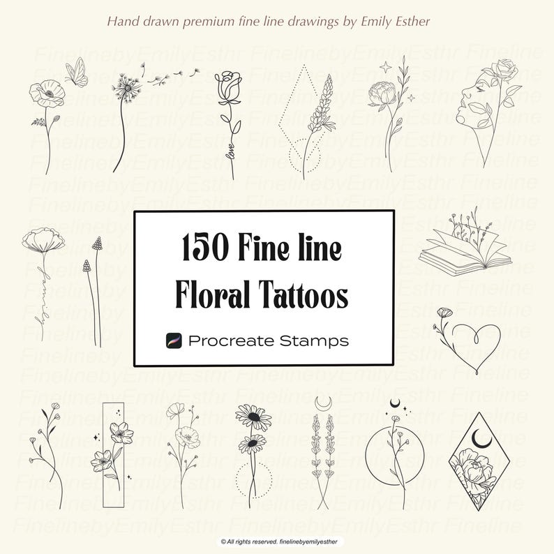 Fine Line Floral Tattoo Procreate Stamps: 150 Brush Bundle (digital ...