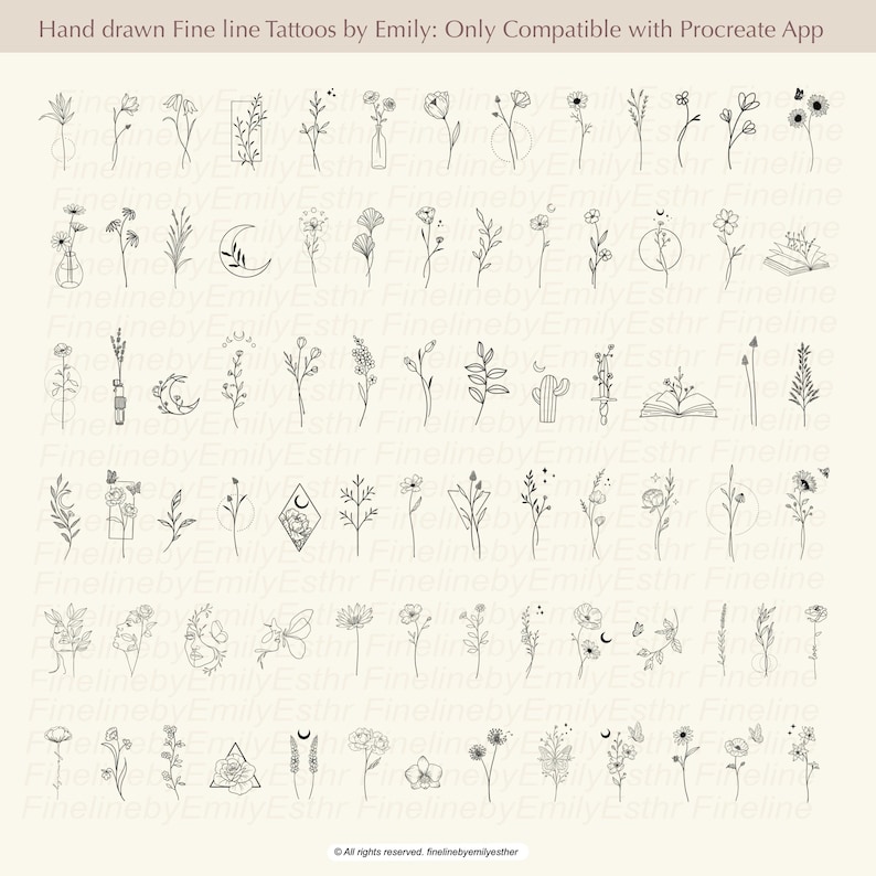 Fine Line Floral Tattoo Procreate Stamps: 150 Brush Bundle (digital ...