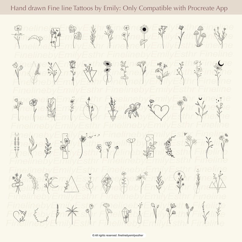 Fine Line Floral Tattoo Procreate Stamps: 150 Brush Bundle (digital ...