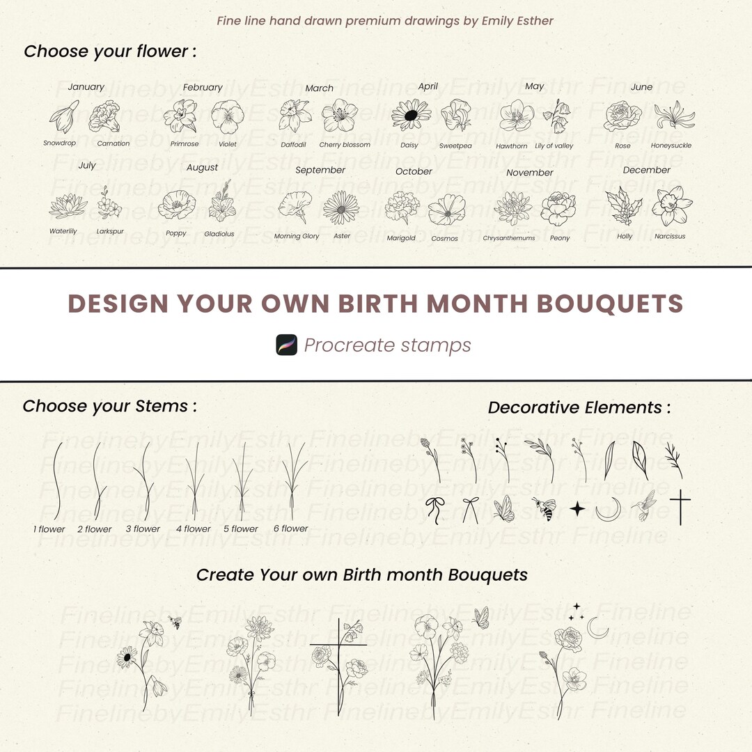 Procreate Birth Month Flower Stamps, Procreate Flower Stamps, Birth ...