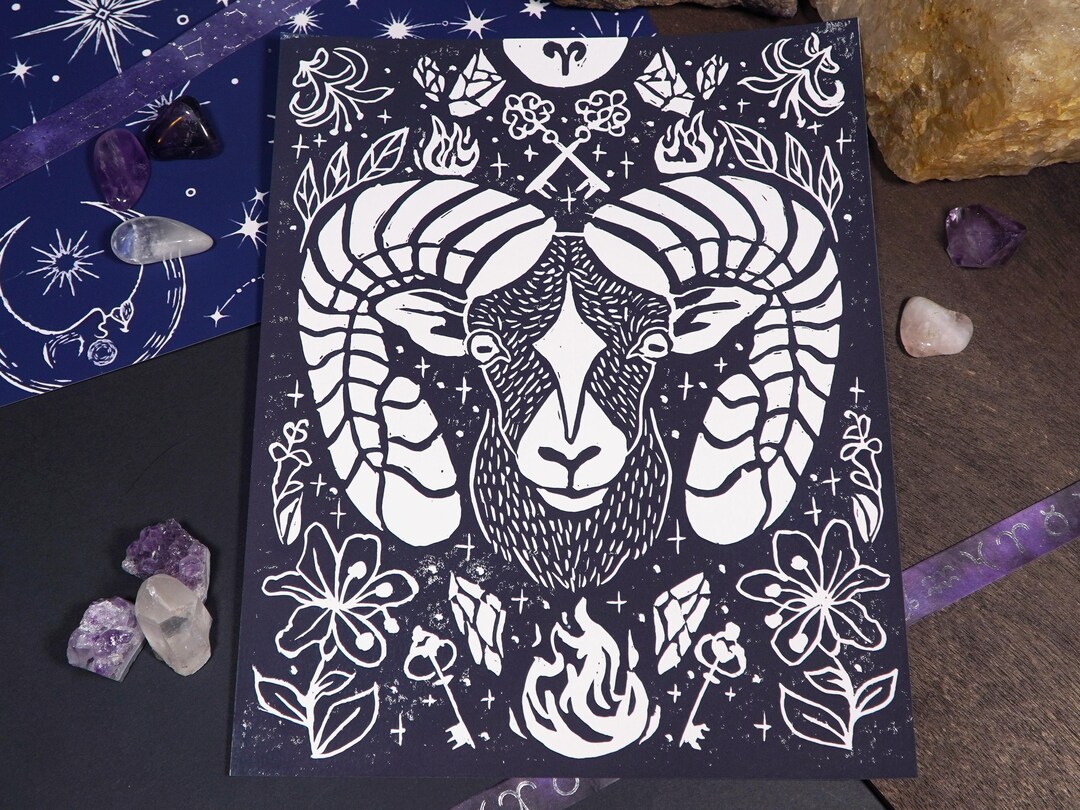 Aries Linocut - Block Prints - Hand Printed - 8x10 Inches - Zodiac - Etsy