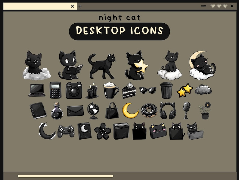 Night Cat Desktop Icons Black Aesthetic Dark Desktop Organizer Icon Set ...