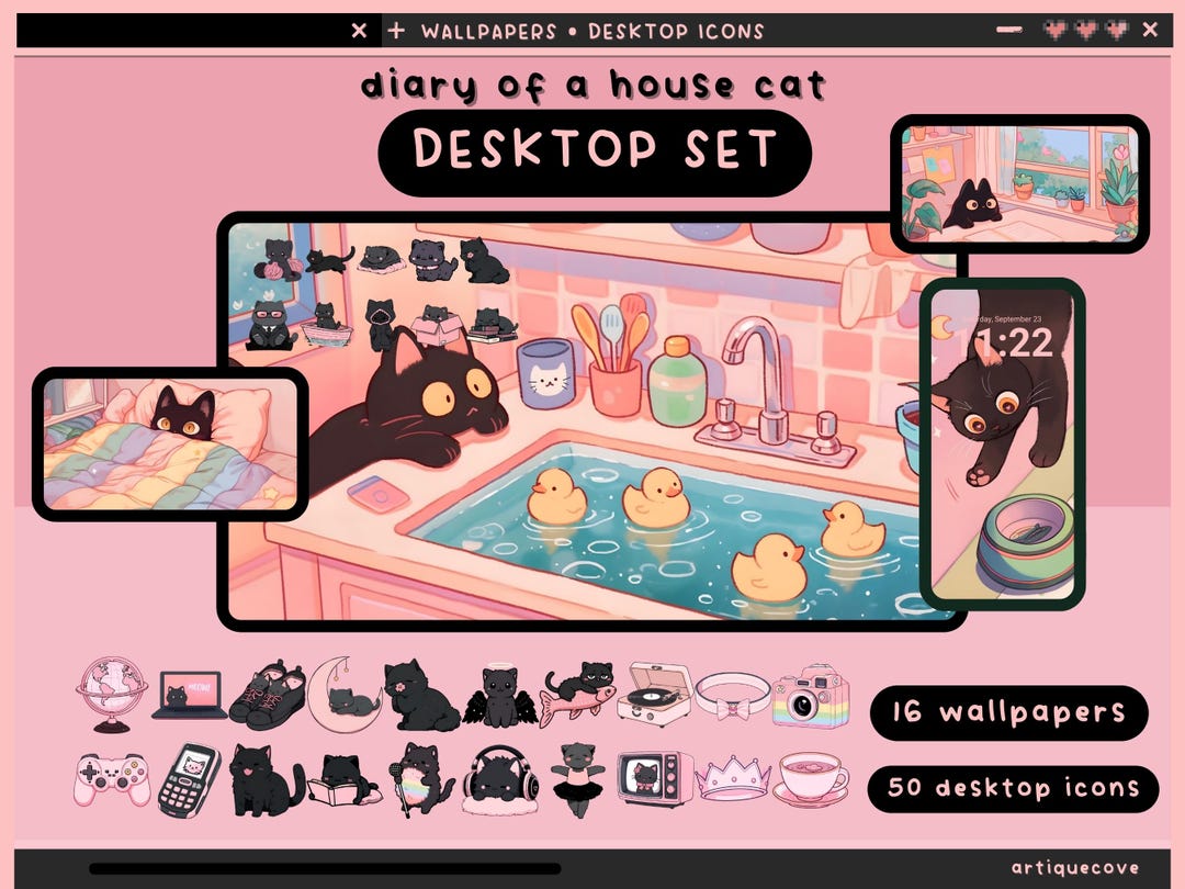 Cozy Cats Desktop Set Wallpapers Icons Folders Pink Cute Desktop ...