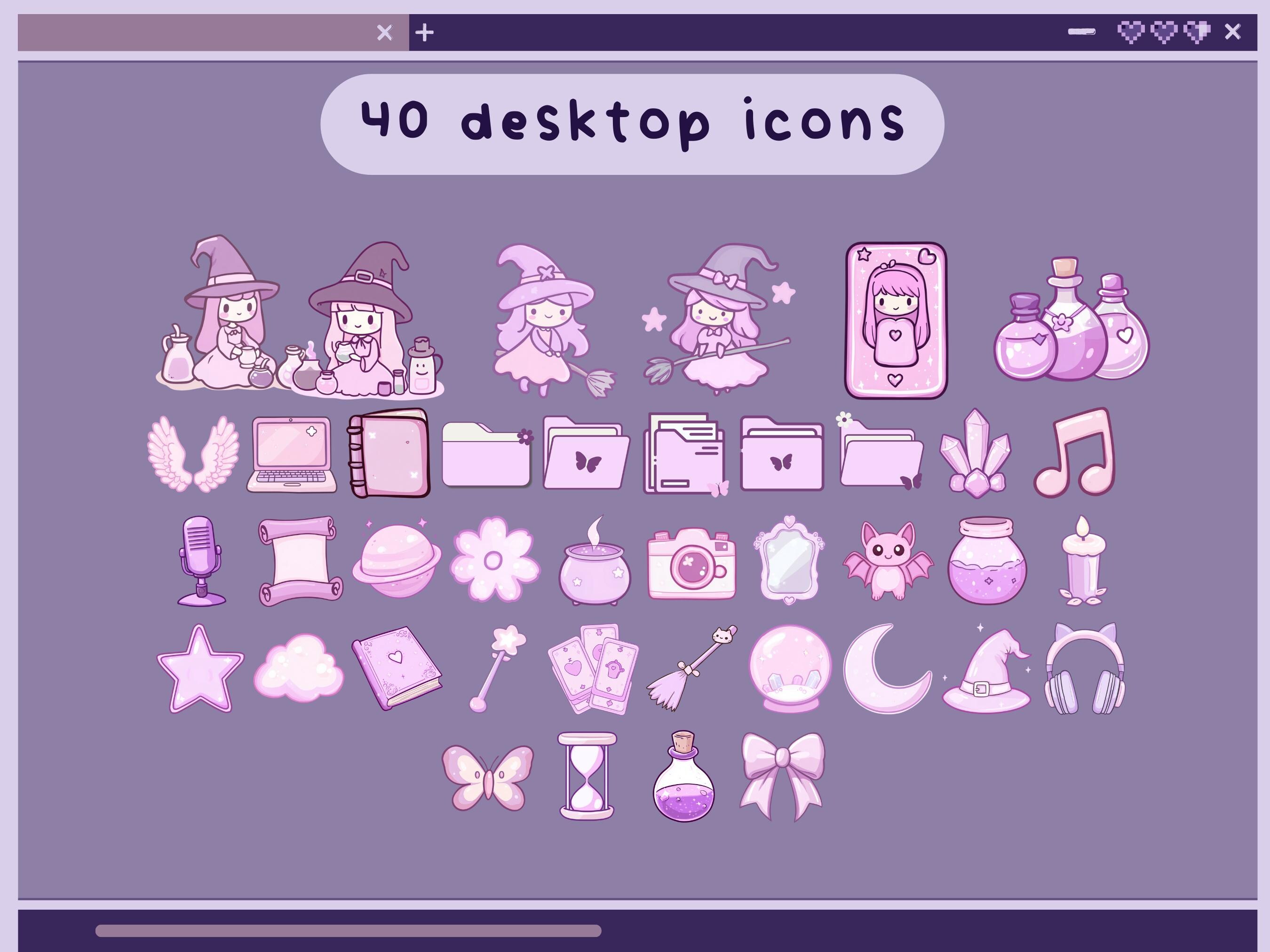 Kawaii Witch Desktop Set Wallpapers Icons Folders Purple Desktop ...