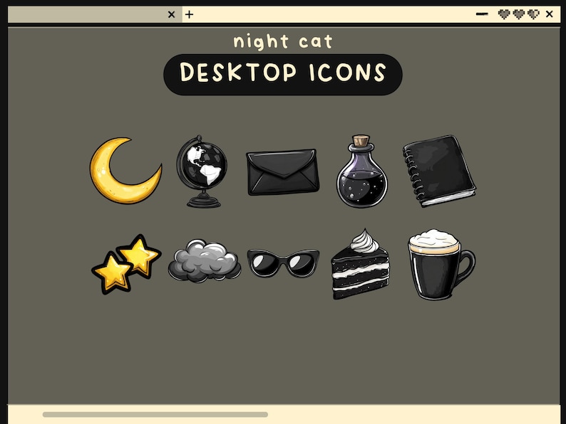 Night Cat Desktop Icons Black Aesthetic Dark Desktop Organizer Icon Set ...