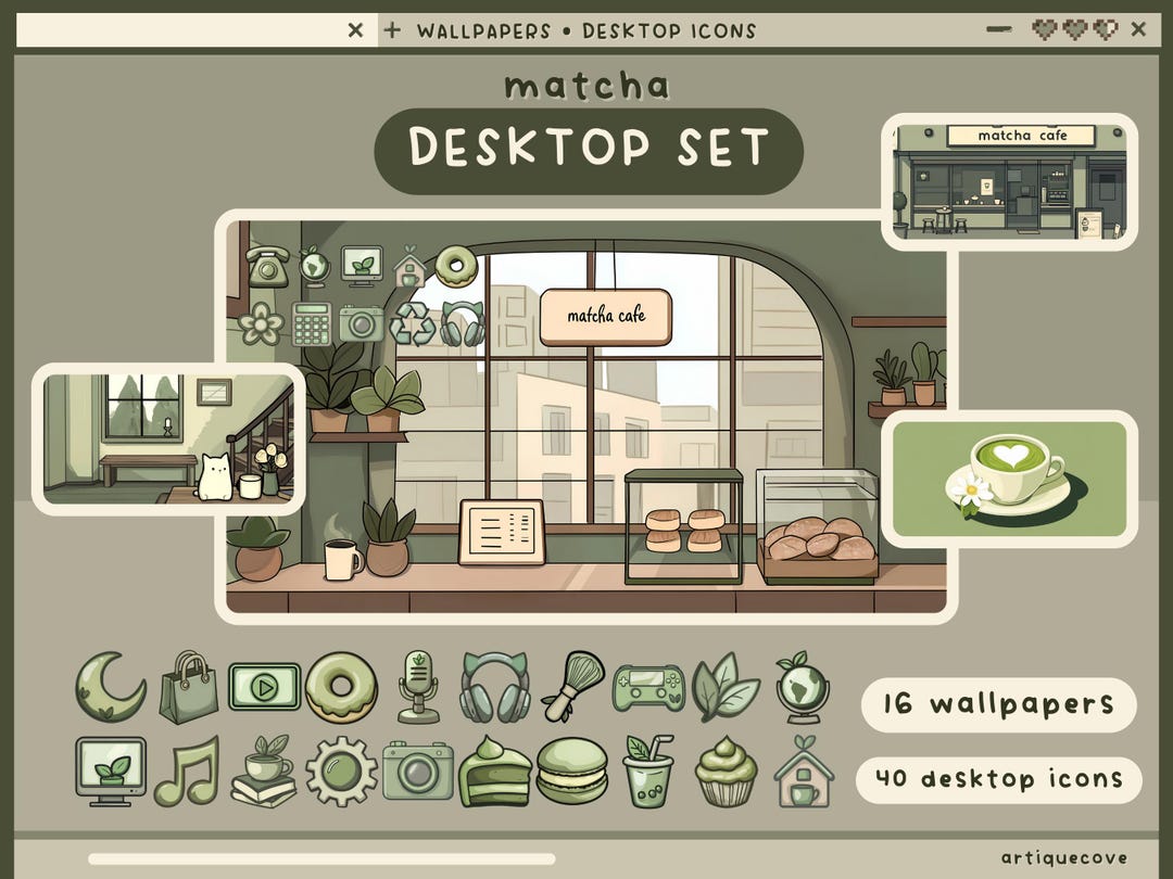 Matcha Lofi Desktop Set Wallpapers Icons Folders Green Desktop ...