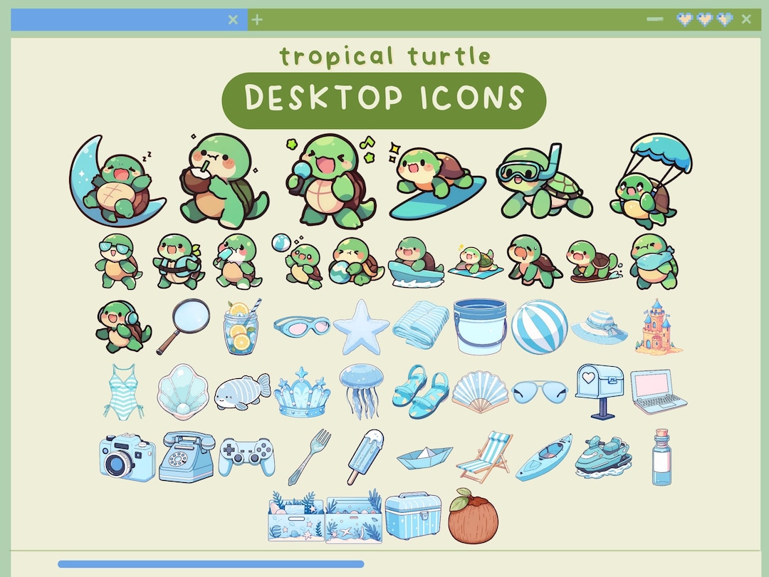 Tropical Turtle Desktop Icons Cute Desktop Organizer Icon Set Kawaii ...