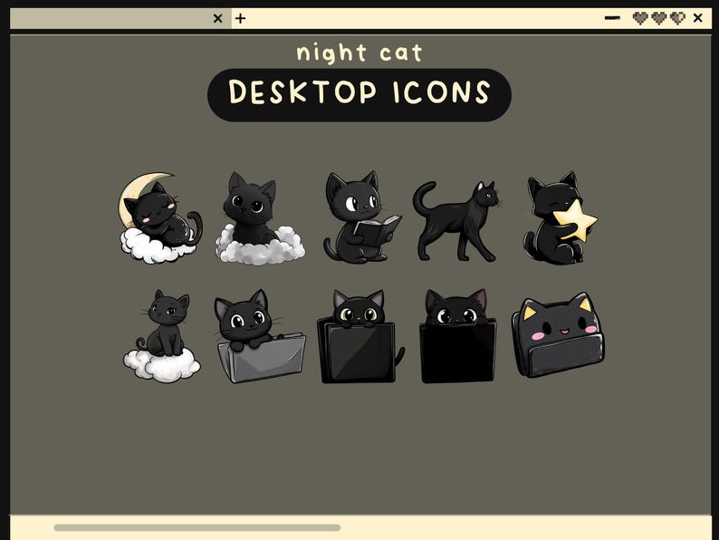 Night Cat Desktop Icons Black Aesthetic Dark Desktop Organizer Icon Set ...