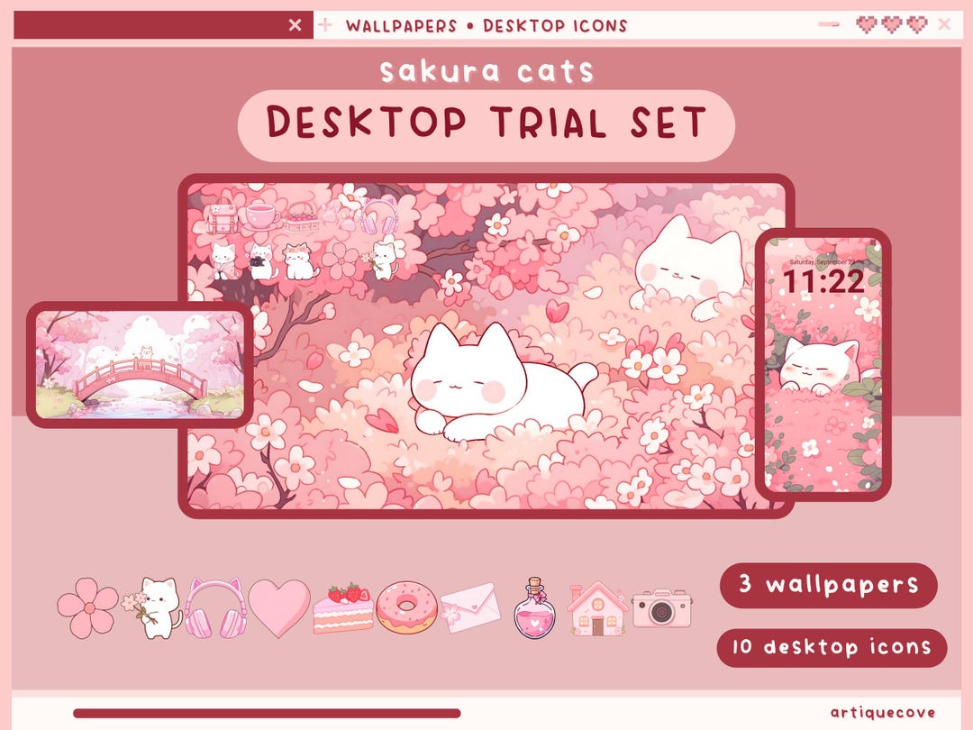 Sakura Cats Desktop Set Wallpapers Icons Folders Pink Cute Desktop Organizer Kawaii Sakura ...