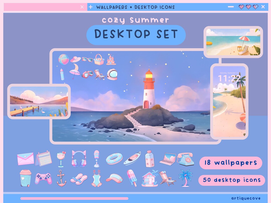 Cozy Summer Desktop Set Wallpapers Icons Folders Pink Cute Desktop ...
