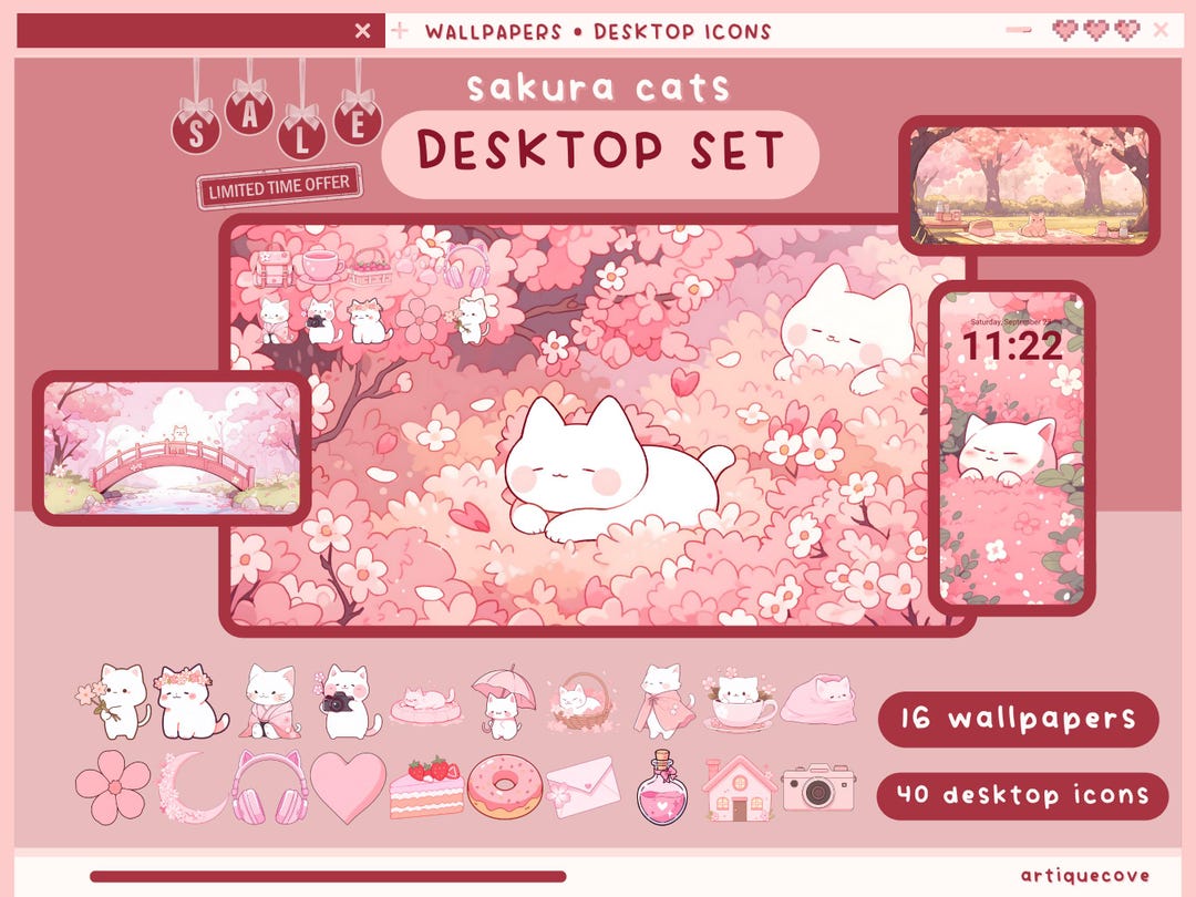 Sakura Cats Desktop Set Wallpapers Icons Folders Pink Cute Desktop Organizer Kawaii Sakura ...