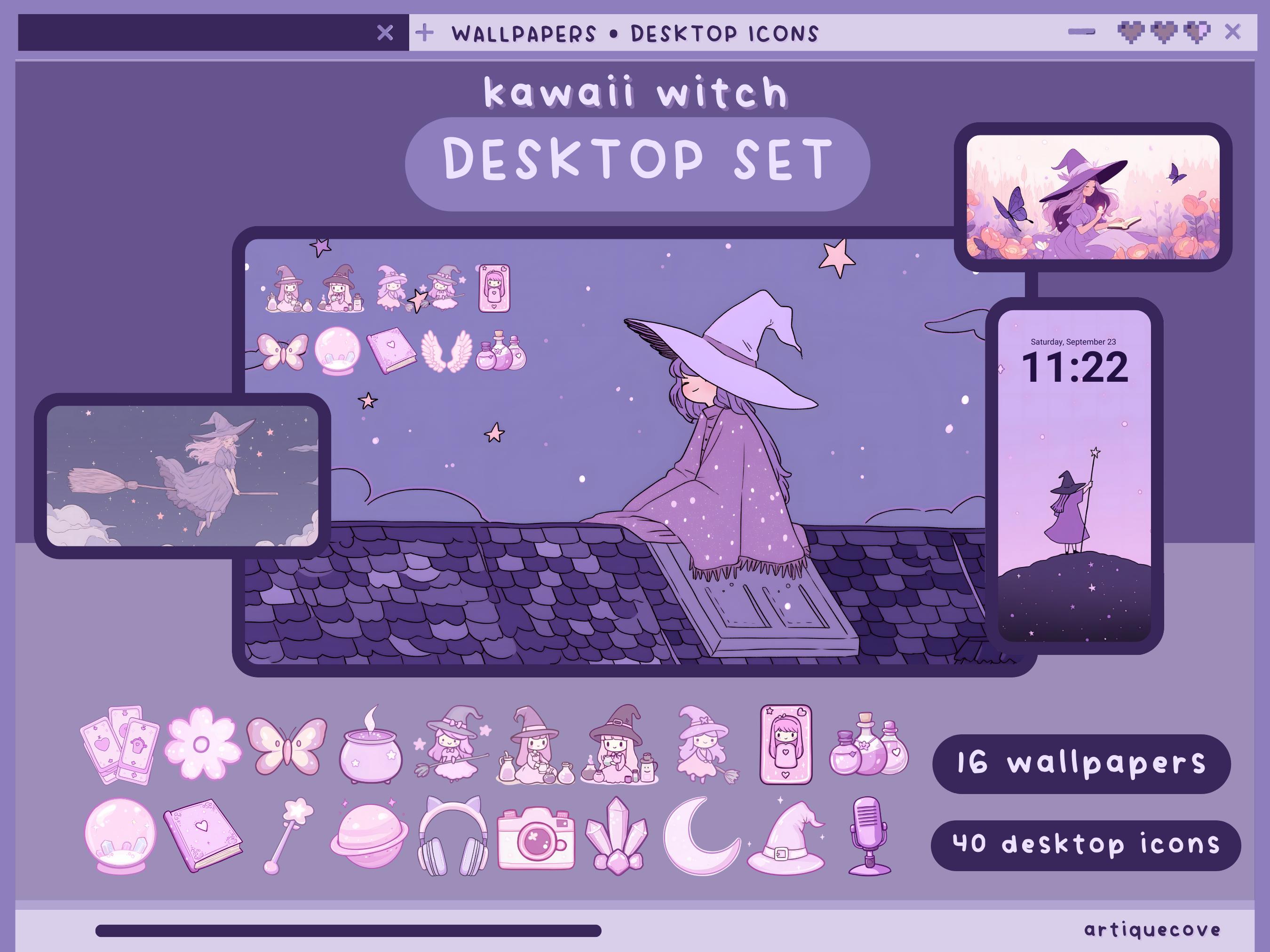 Kawaii Witch Desktop Set Wallpapers Icons Folders Purple Desktop ...