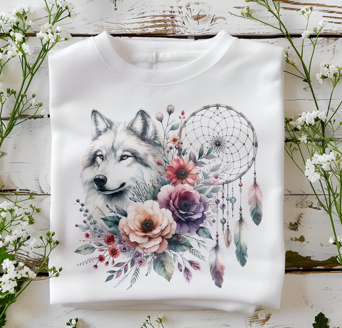 Inspirational Wolf With Dreamcatcher - T-shirt Sublimation PNG/ Floral ...