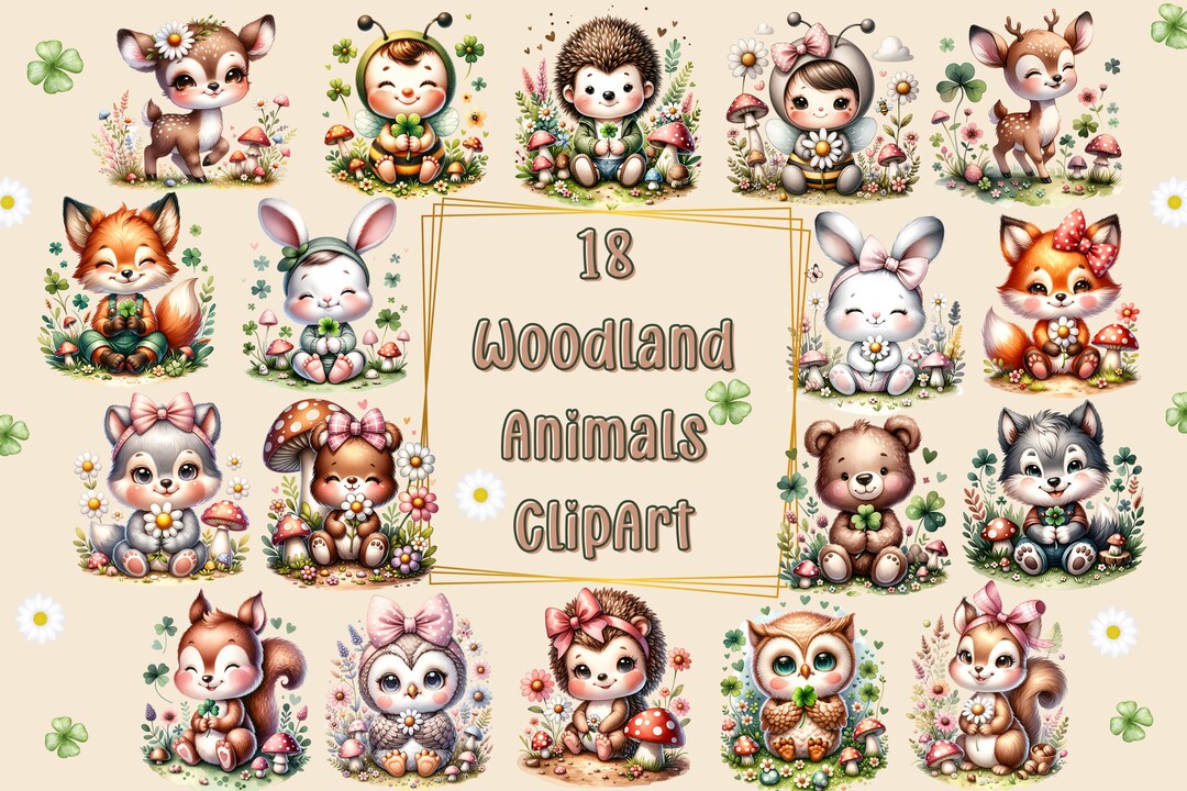 Forest Creatures Clipart Collection With Floral Elements - PNG Design ...