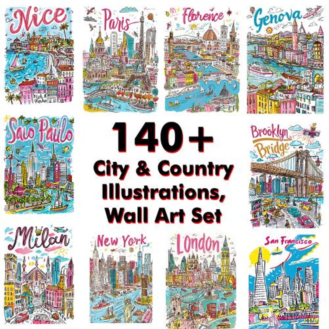 140 City & Country Illustrations Wall Art Set, Bundle Wall Art - Etsy