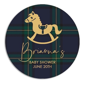 Rocking Horse Baby Shower Stickers, Blue Green Plaid Favor Stickers ...
