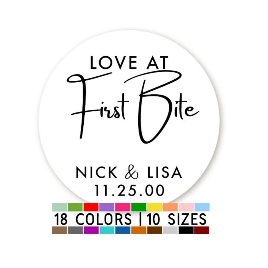 Love at First Bite Stickers, Wedding Reception Snack Cup Labels ...