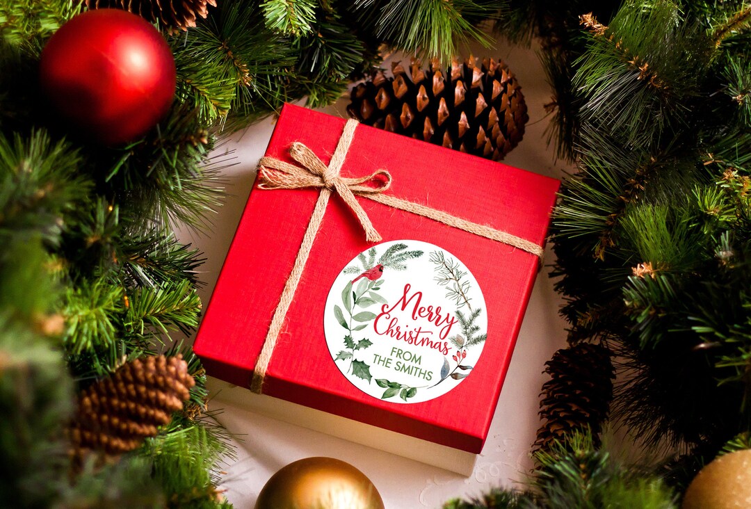 Christmas Stickers Red Cardinal With Wreath Personalized Round ...