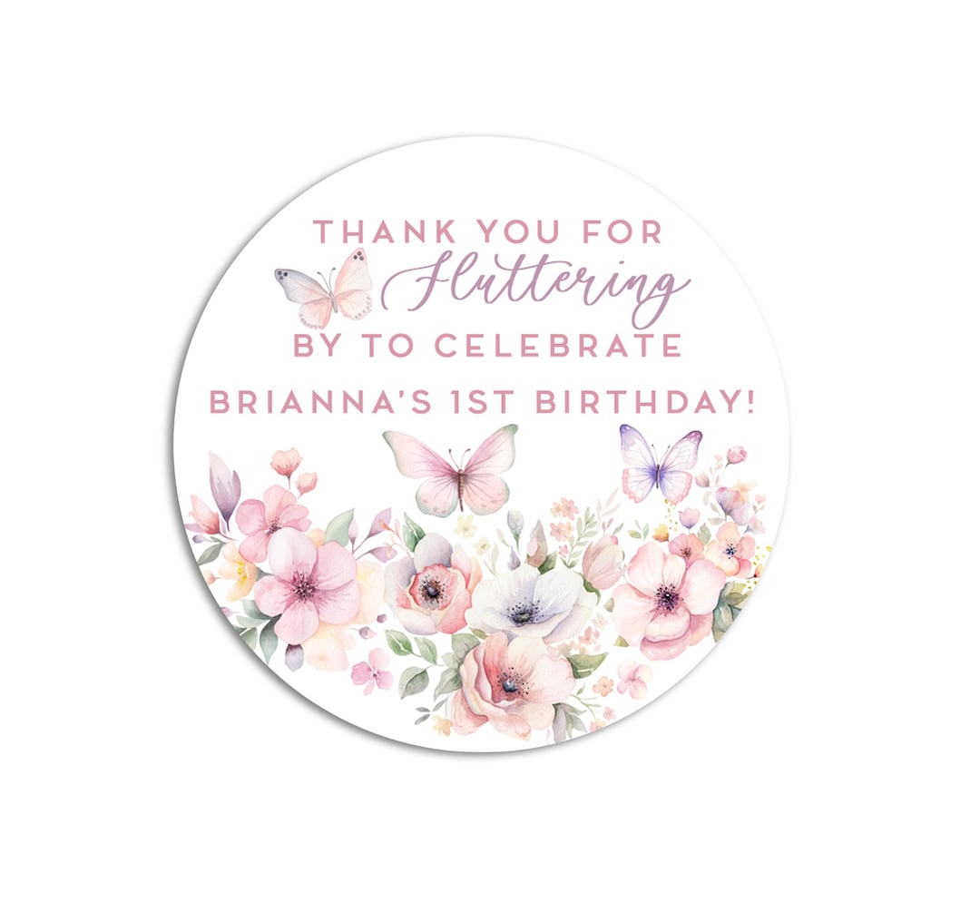Butterfly 1st Birthday Party Stickers, Pink Fluttering by Birthday ...