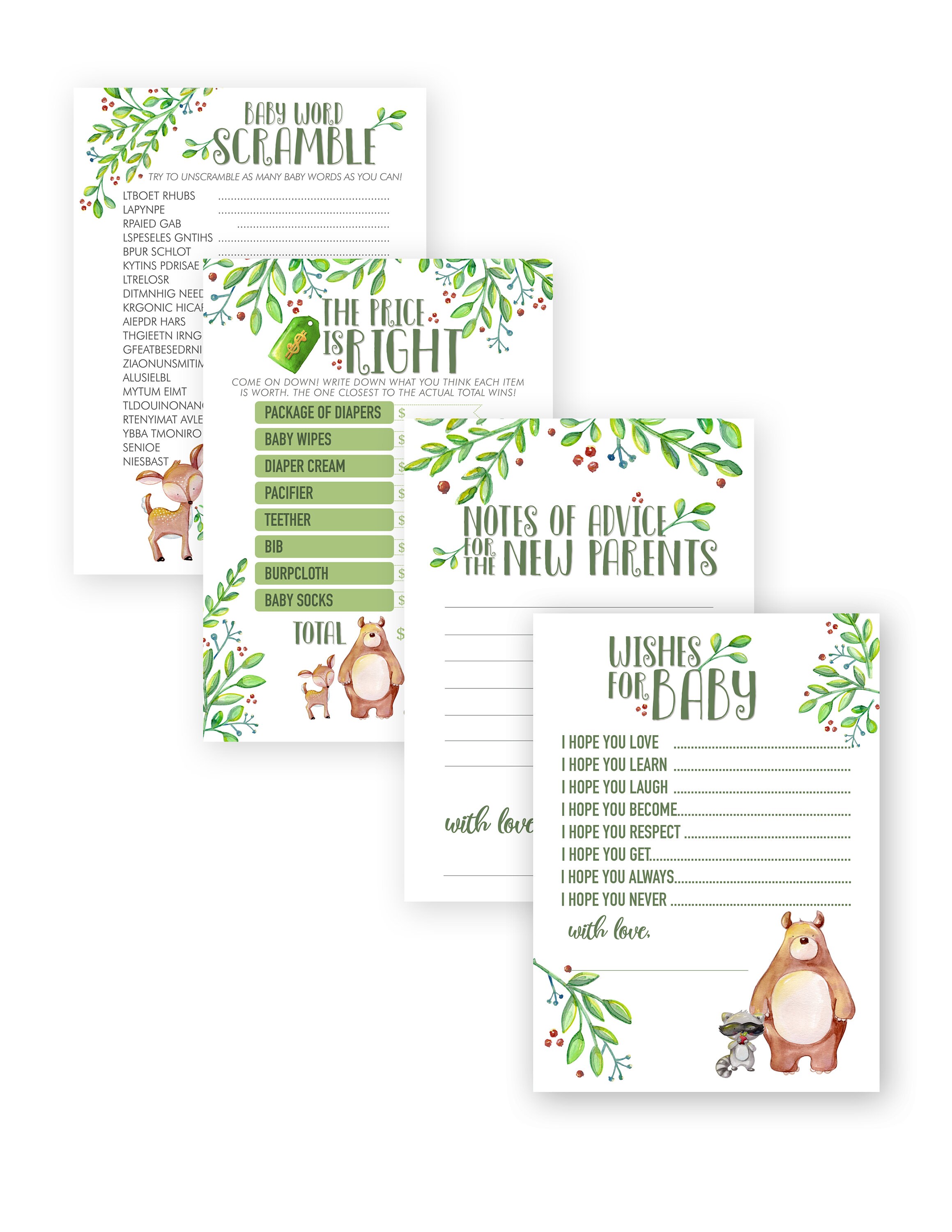 Woodland Animals Baby Shower Game 40 Cards Baby Shower - Etsy