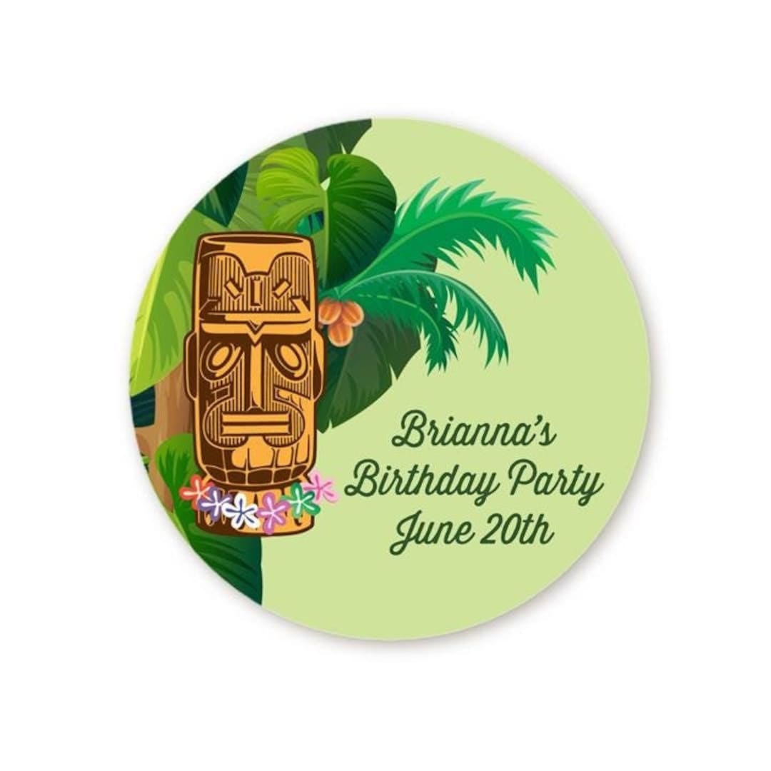 Tiki Luau Birthday Party Favor Stickers: Personalized Hawaiian Labels ...