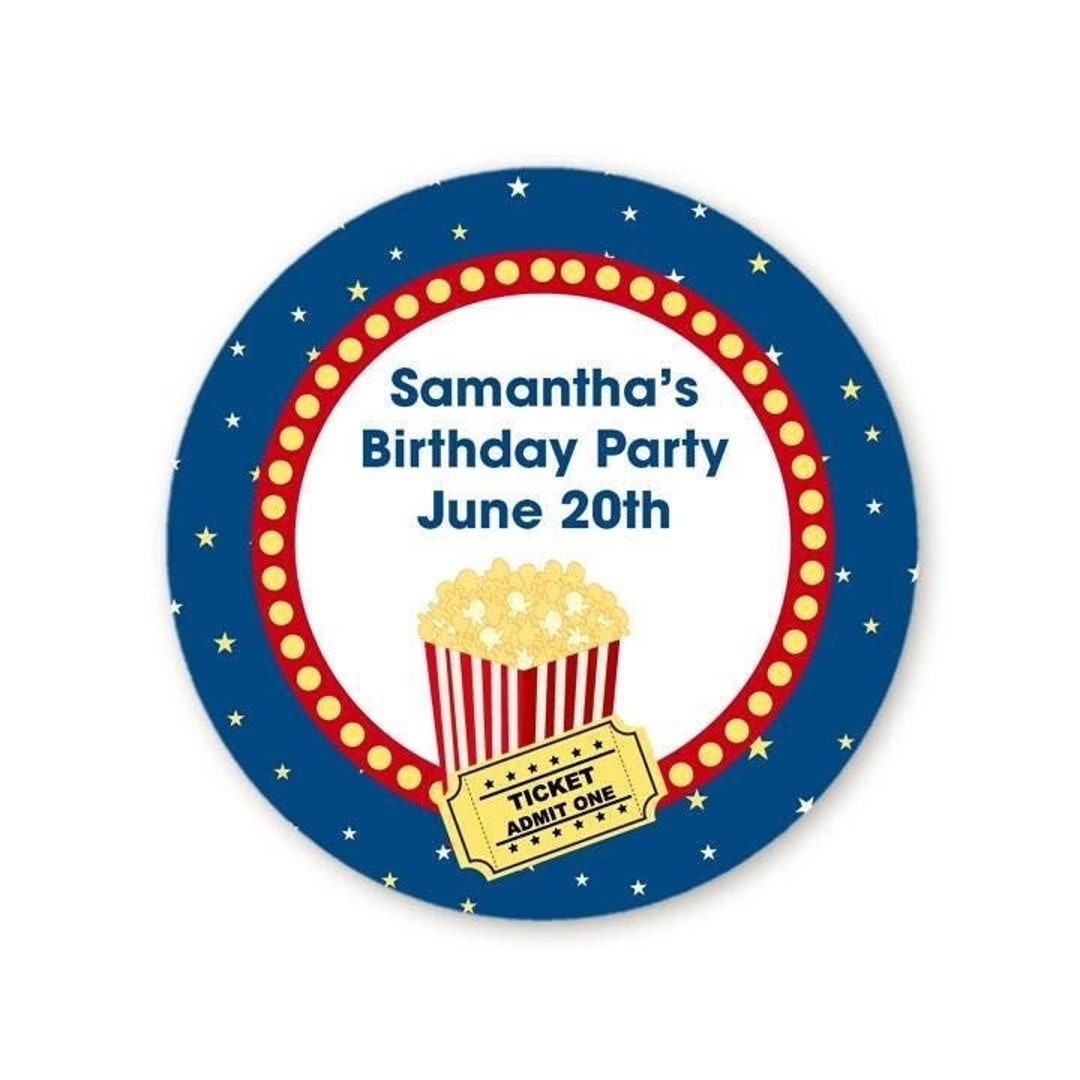 Movie Theatre and Popcorn Birthday Party Favor Stickers, Happy Birthday ...