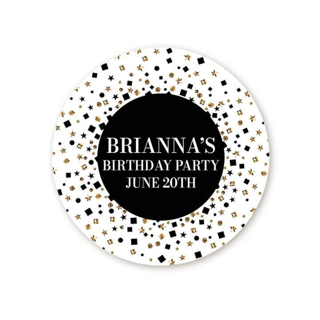 Gold Black Glitter Round Sticker Labels, Personalized Sparkle Birthday ...