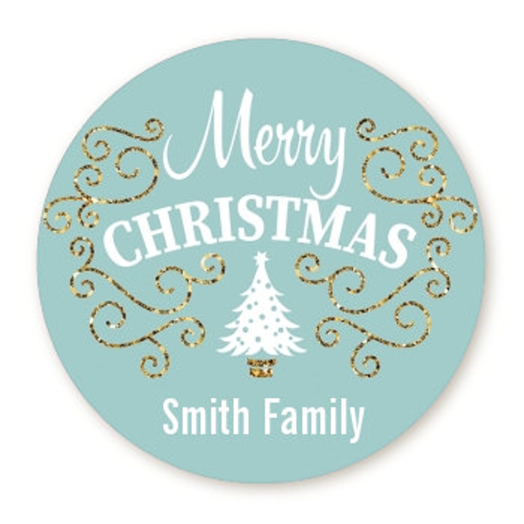 Christmas Tree Personalized Round Christmas Sticker Labels Gold Glitter ...
