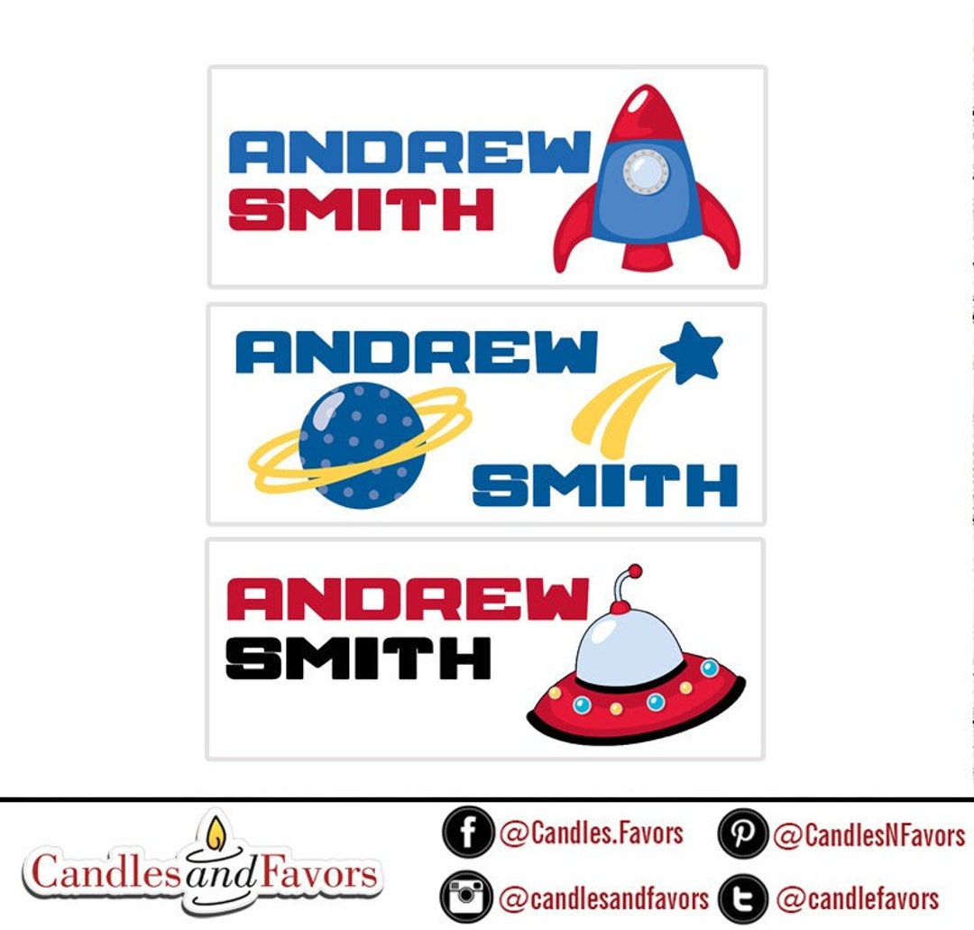 Space Rocket Ship UFO Name Labels, Name Tag Stickers, Waterproof Labels ...