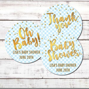 Oh Baby Blue Personalized Round Baby Shower Sticker Labels Thank You ...