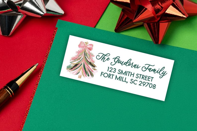 Christmas Pink Bow Return Address Labels, Personalized Holiday Address ...