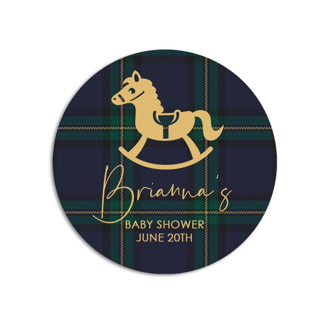 Rocking Horse Baby Shower Stickers, Blue Green Plaid Favor Stickers ...