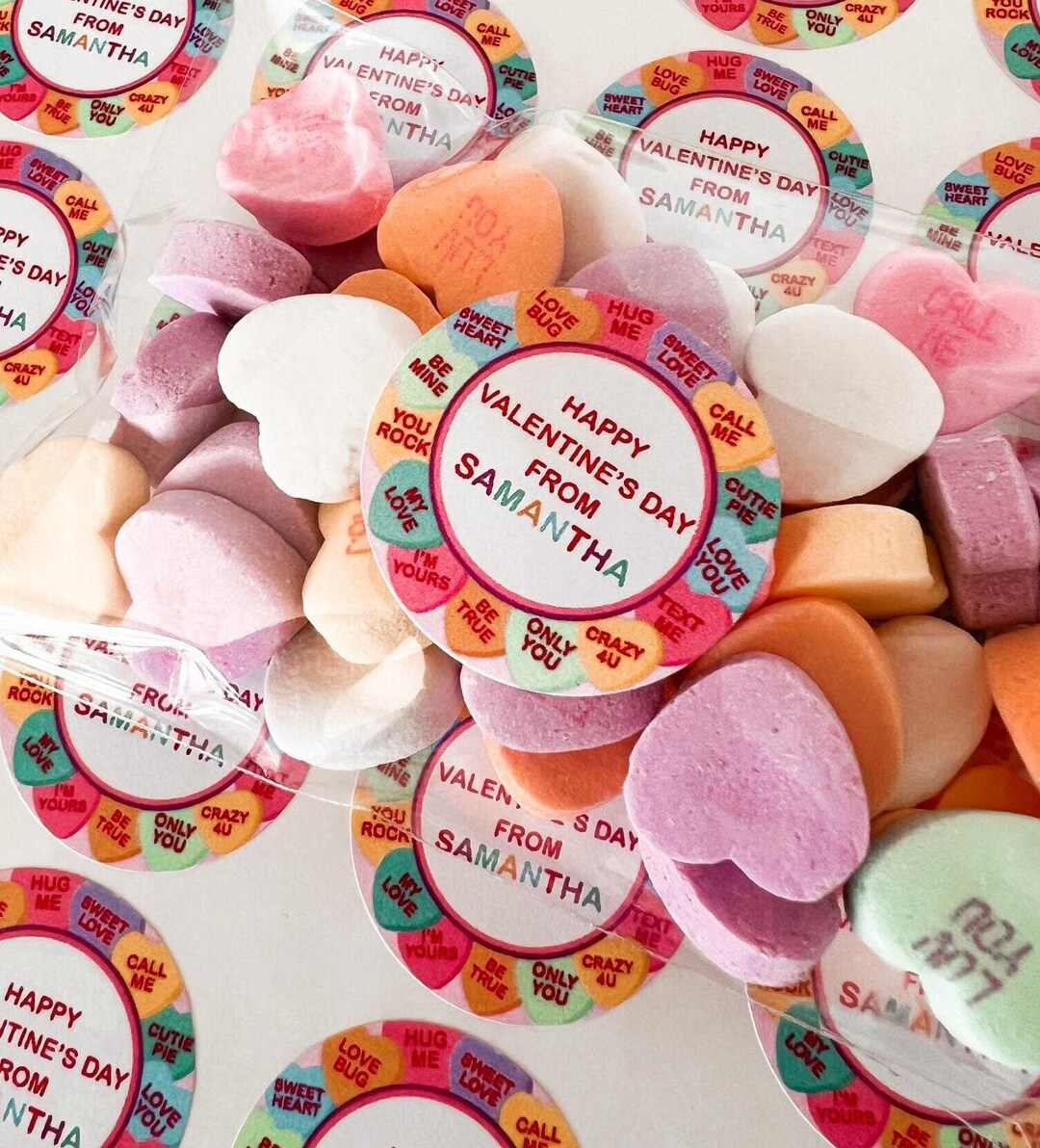 Candy Hearts Valentines Day Stickers - Personalized Valentine Round ...