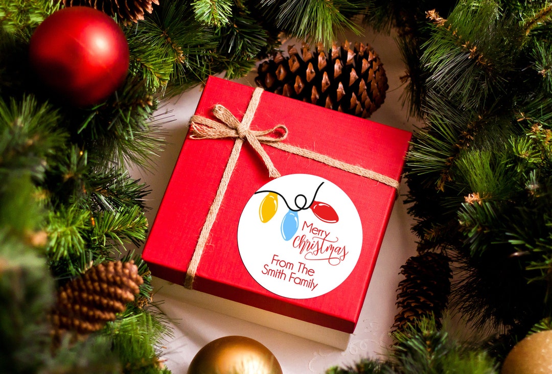 Christmas Stickers Merry Christmas String Lights Personalized Round ...