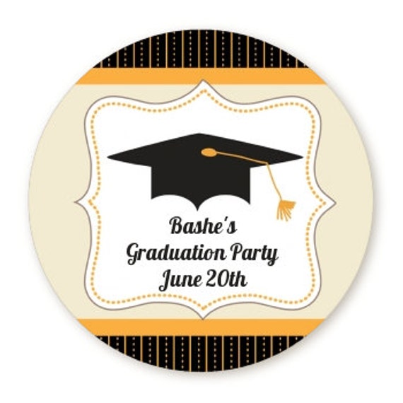 Black & Gold Grad Cap - Personalized Round Graduation Party Sticker ...
